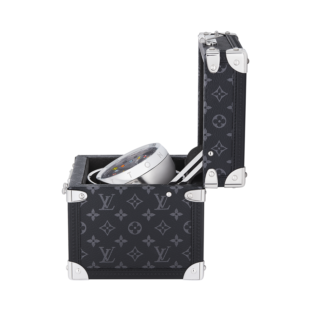 Trunk Table Clock, Quartz, 80mm, Brass, Monogram Eclipse - All Watches ...